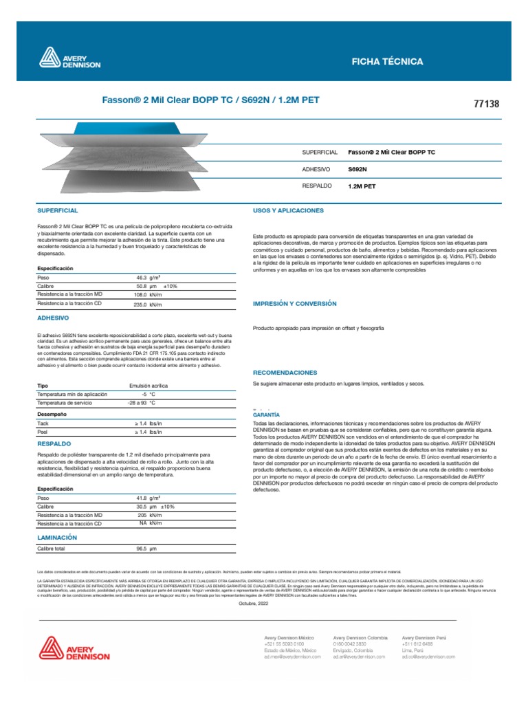 (AD-confidential) FT México 77138 - BOPP CLEAR TRANSPARENTE PET | PDF | Sector secundario de la ...