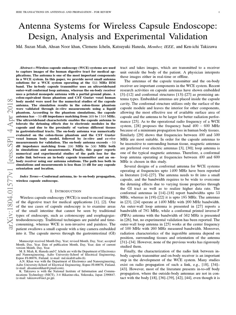Antenna Systems For Wireless Capsule Endoscope (2018) | PDF | Antenna ...