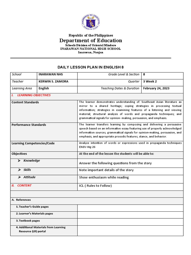 Dlp-English 8 - Feb. 24, 2023 | PDF | Learning | Teachers