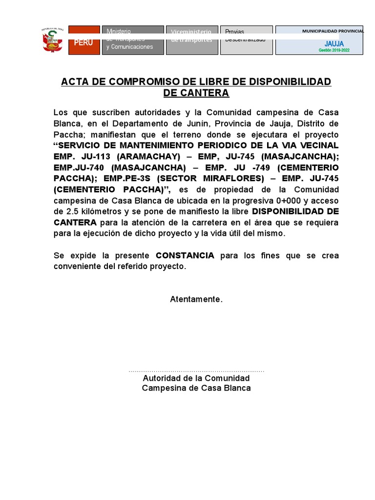Acta de Libre Disponibilidad de Cantera | PDF