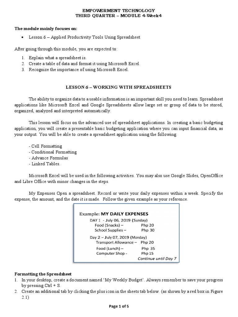 Emtech Module4 Week4 Lesson | PDF | Spreadsheet | Microsoft Excel
