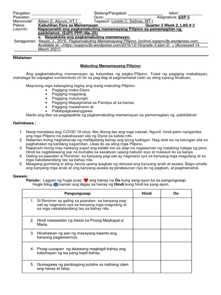 Esp 5 Quarter 3 Week 2 Las 3 | PDF