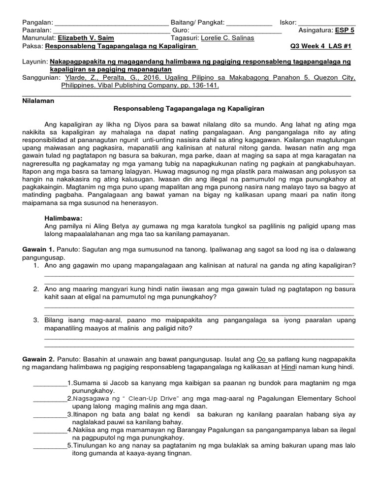 Esp 5 Quarter 3 Week 4 Las 1 | PDF