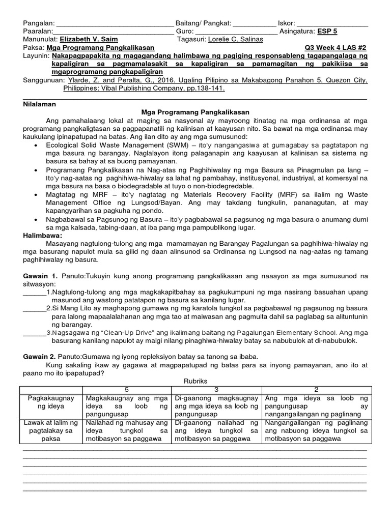 Esp 5 Quarter 3 Week 4 Las 2 | PDF