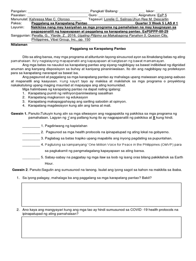 Esp 5 Quarter 3 Week 5 Las 1 | PDF