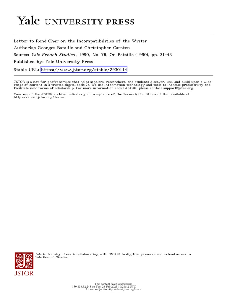 Bataille-Letter To René Char On The Incompatibilities of The Writer ...