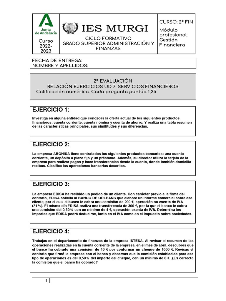 Relación Ejercicios Ud 7 Servicios Financieros | PDF | Bancos | Libra esterlina