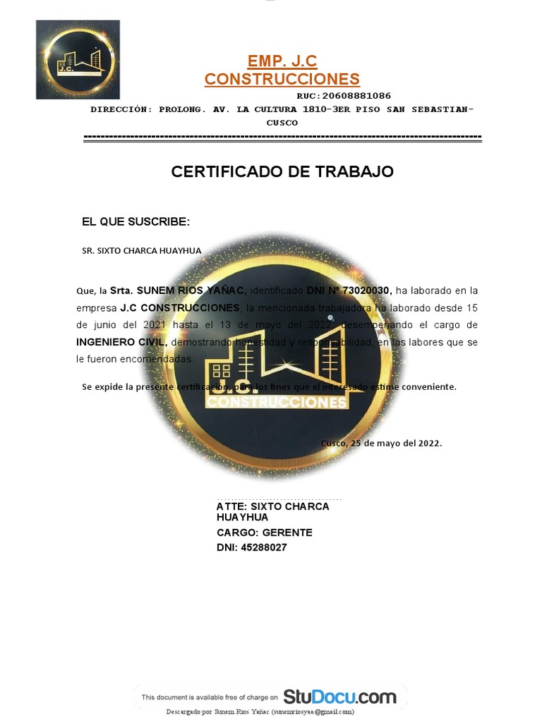 Certificado de Trabajo J.C | PDF
