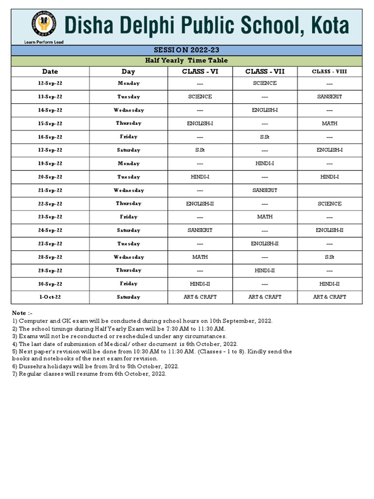 Class 6-8 Half Yearly Exam Date Sheet 2022 | PDF