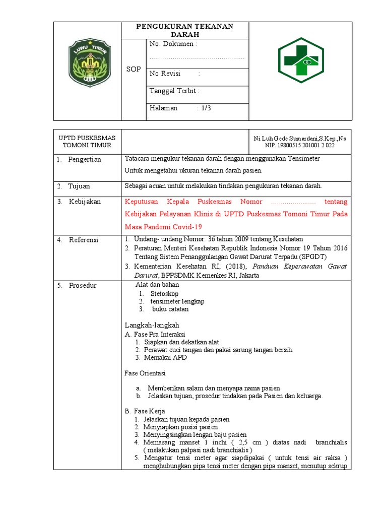 SOP Pengukuran Tekanan Darah | PDF