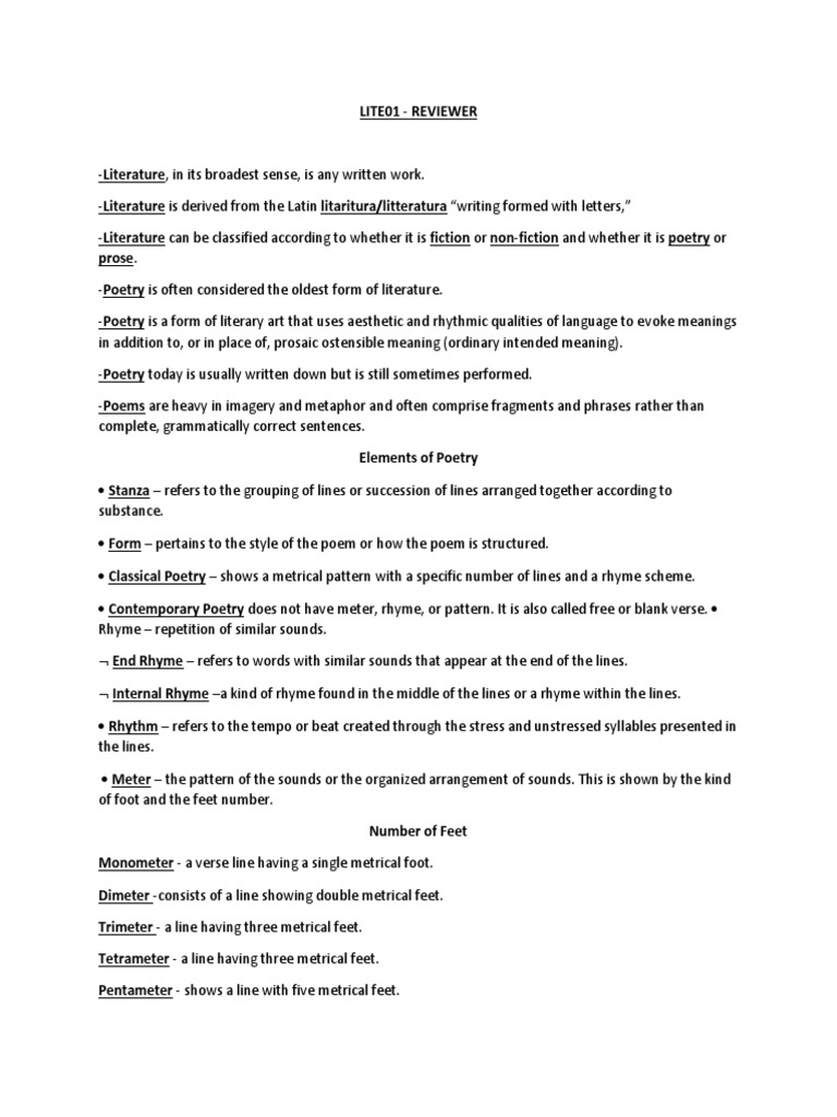 Ollite01 Reviewer | PDF | Poetry | Metre (Poetry)