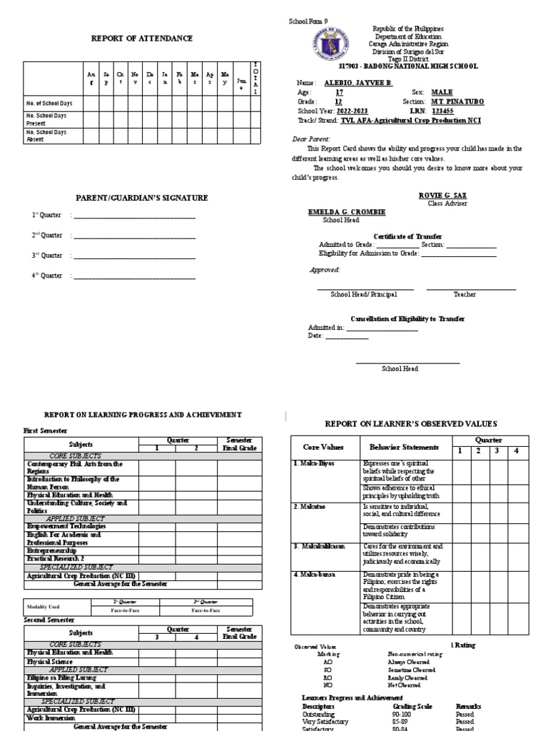 Grade 12 SF9 Report Card Summary | PDF