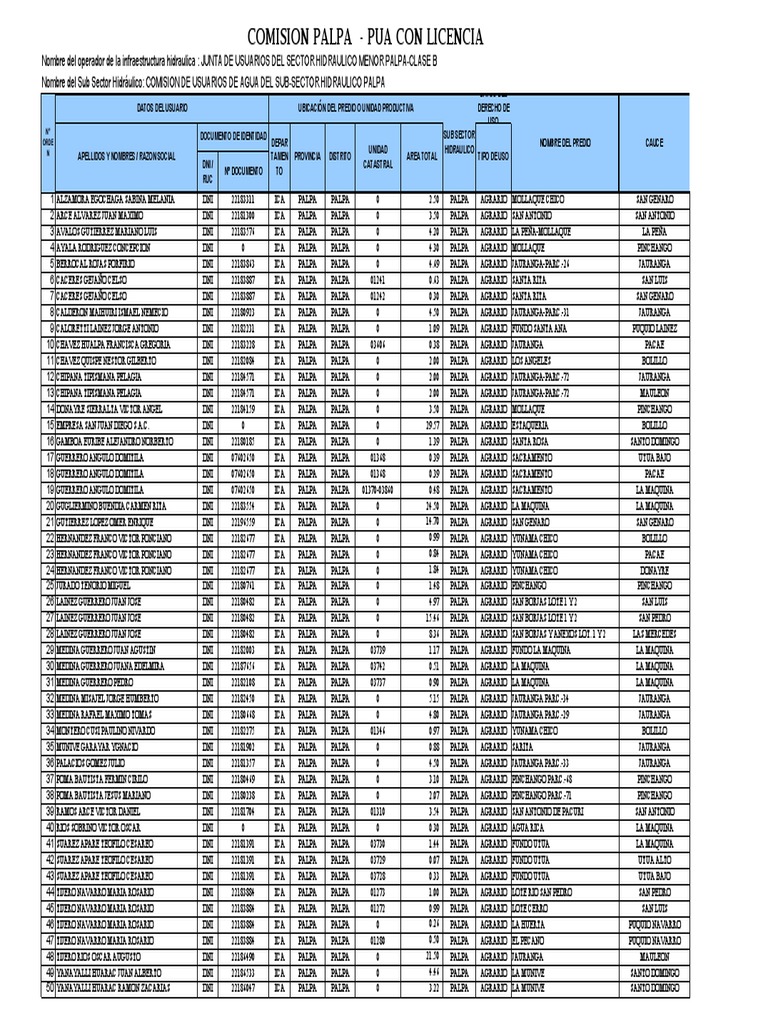 Lista de Usuarios de Agua en Palpa | PDF