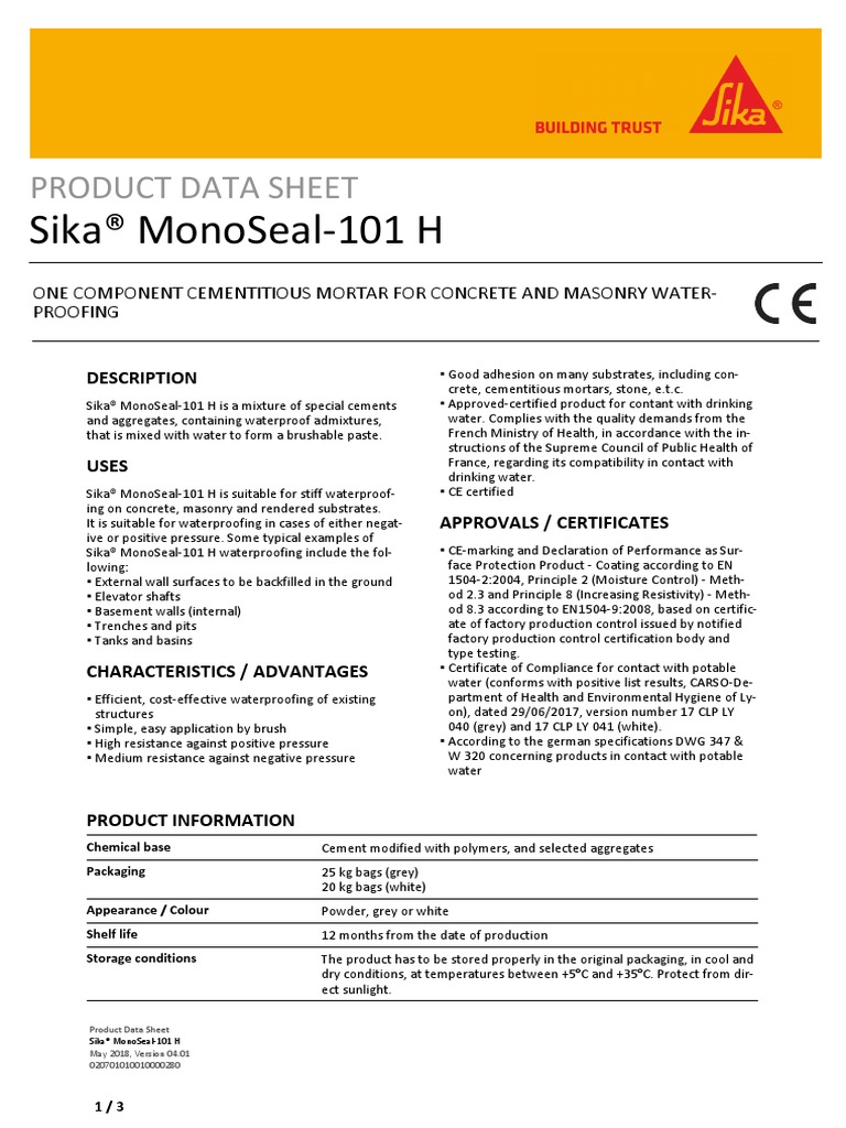 Sika MonoSeal 101 H Eng | PDF | Concrete | Water