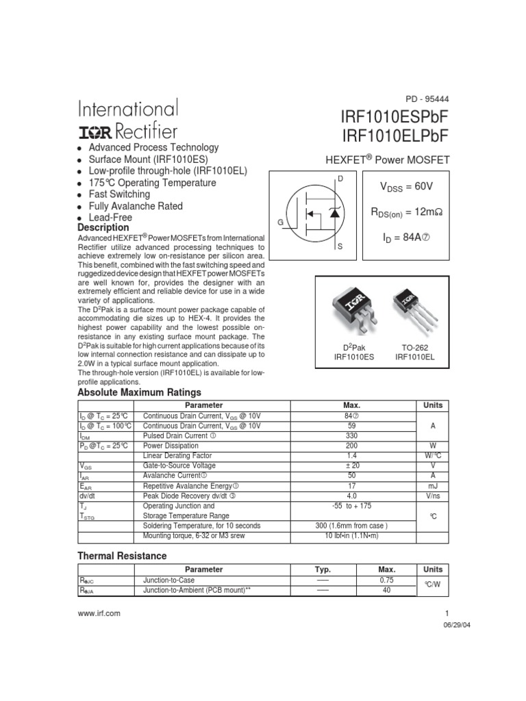 IRF1010E Nmosfet | PDF | Field Effect Transistor | Mosfet