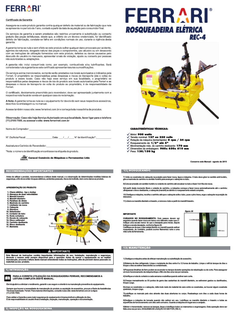Manual Rosqueadeira Eletrica 1 2 A 4 Rosca NPT Rec 4 Ferrari 220v | PDF | Parafuso | Motores