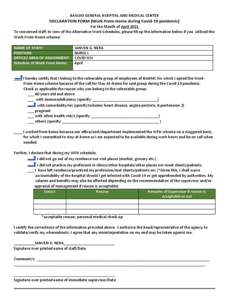 BGHMC Nurse's WFH Declaration Form for April 2021 | PDF | Hospital ...