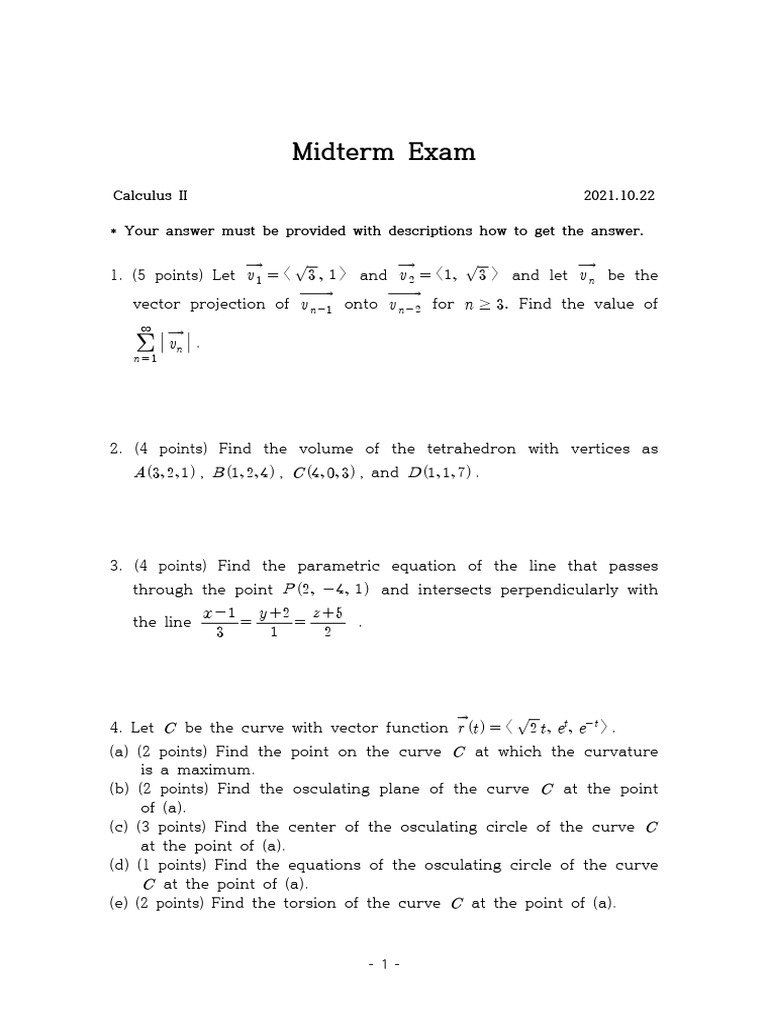 Calculus II Midterm Exam Problems | PDF | Derivative | Geometry