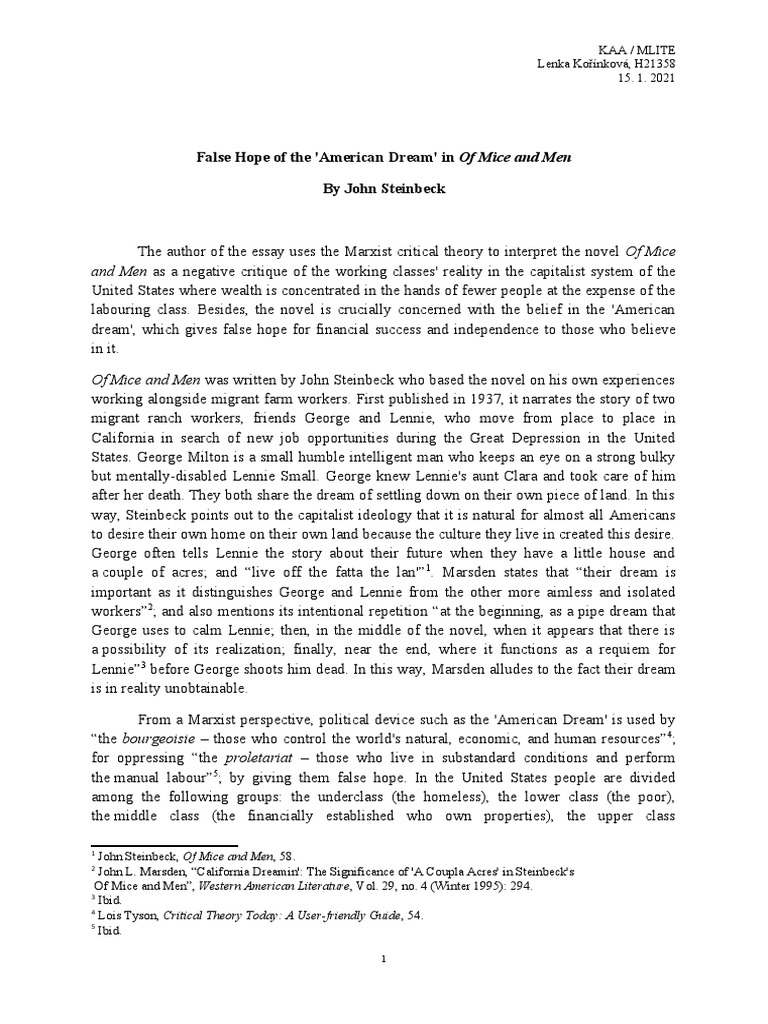 False Hope of American Dream. of Mice and Men by John Steinbeck | PDF ...