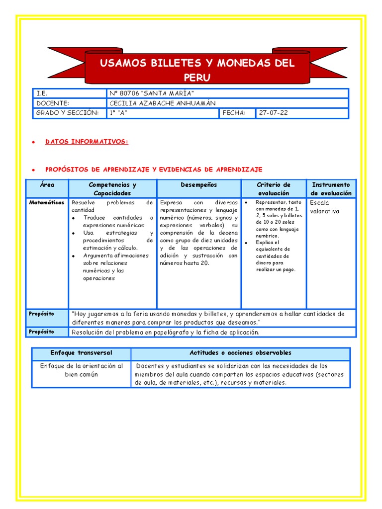 Uso de billetes en matemáticas peruanas | PDF | Evaluación | Billete de ...