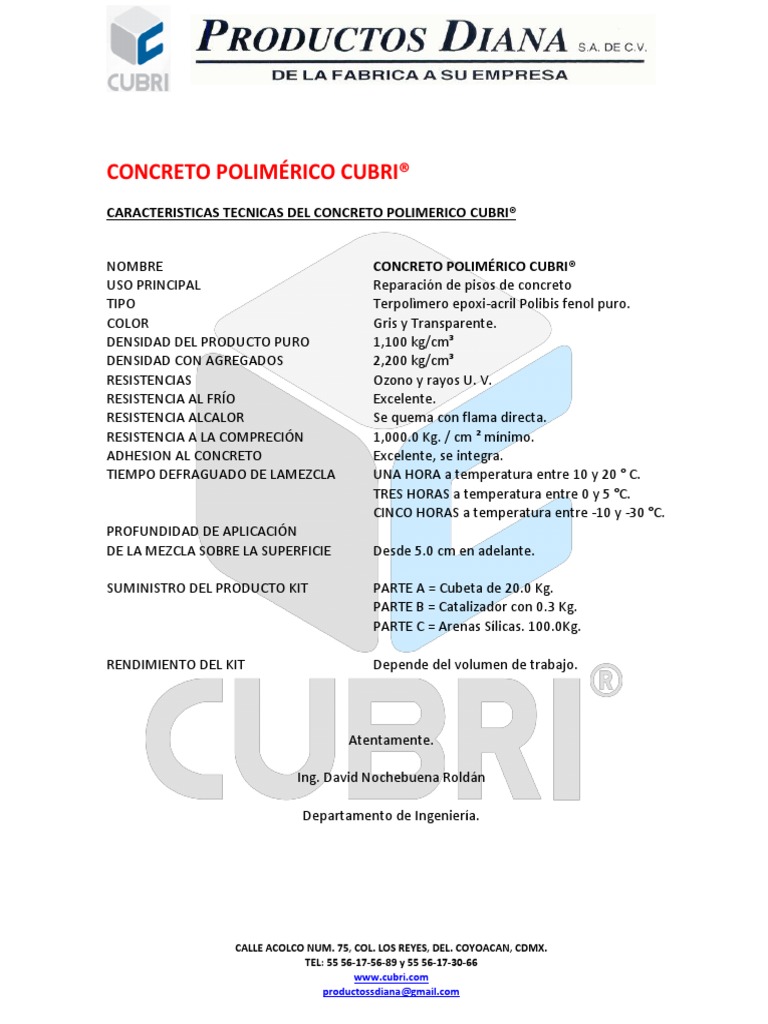 Concreto Polimérico CUBRI® Hoja Tecnica. | PDF