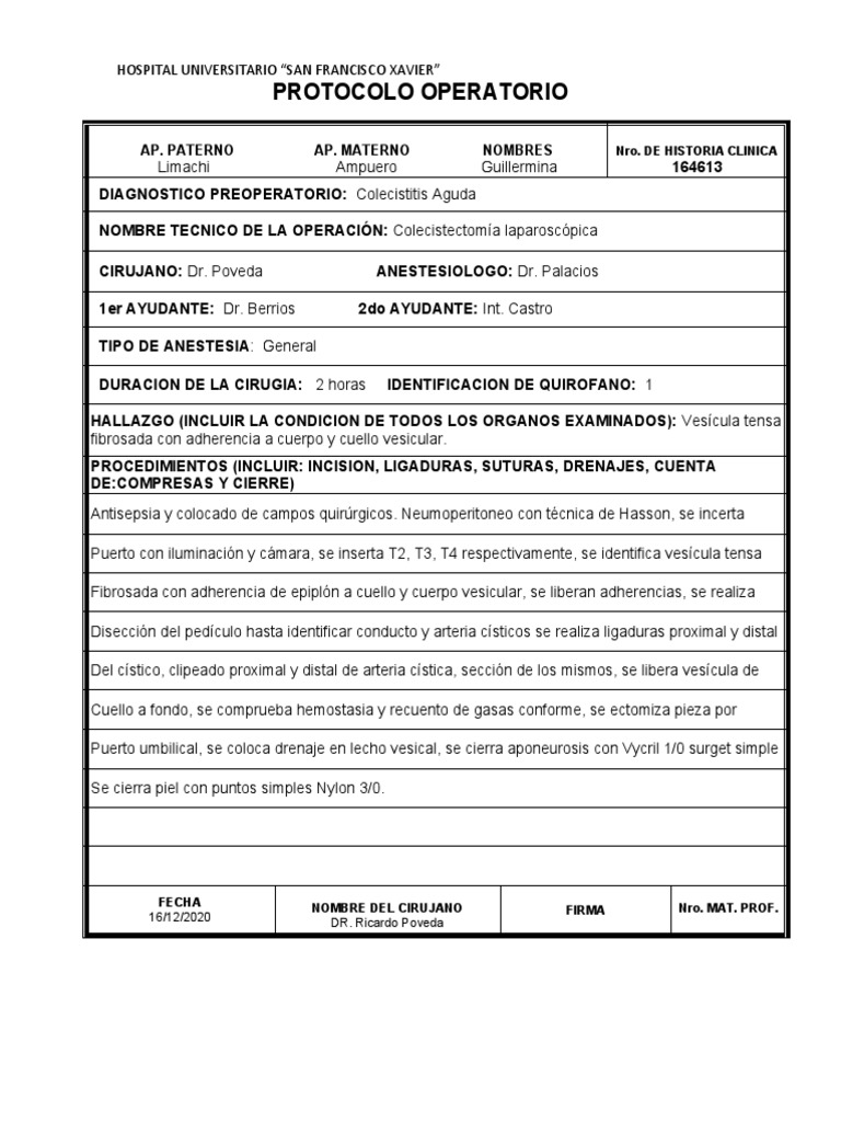 Protocolo Operatorio Guillermina | PDF