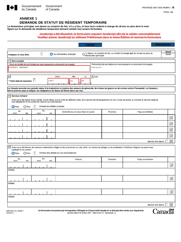 Annexe 1 Demande de Statut de Résident Temporaire - Imm5257b - 1 | PDF