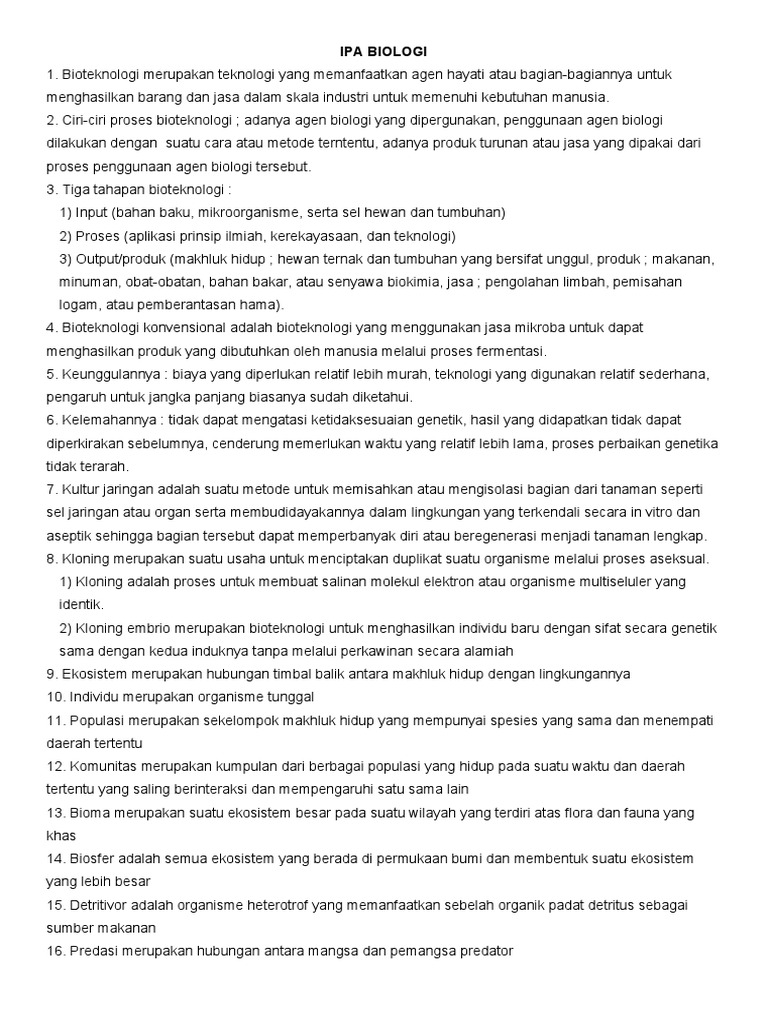 Rangkuman Materi IPA Biologi, Bahasa Indonesia, Dan Basa Jawa Kelas X - Refan Avandy | PDF