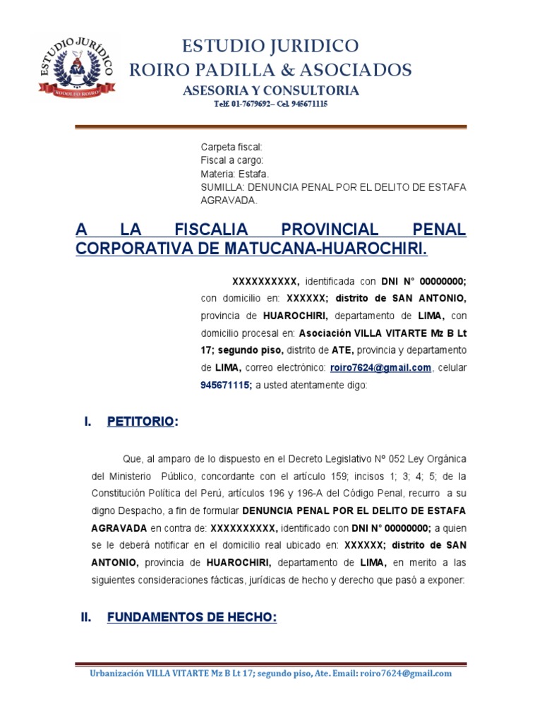 Modelo de Escrito Por Denuncia Penal Por El Delito de Estafa y Otros en Sede Fiscal | PDF ...