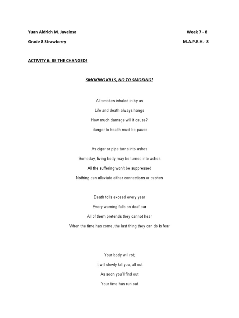 SMOKING KILLS, NO TO SMOKING!: A Poem Warning of the Dangers of Smoking ...