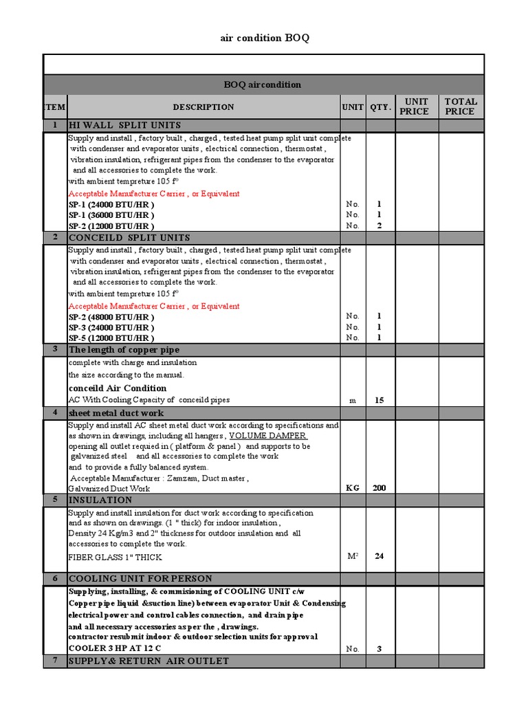 Air Condition Boq | PDF | Duct (Flow) | Air Conditioning