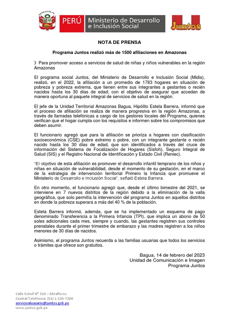 Bagua NDP Pago de Abonos TIM V - ANUNCIO PROGRAMA JUNTOS | PDF