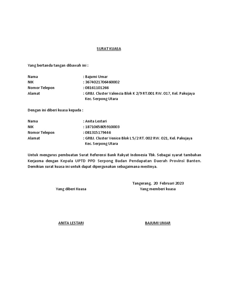 Contoh SURAT KUASA Bank BRI | PDF