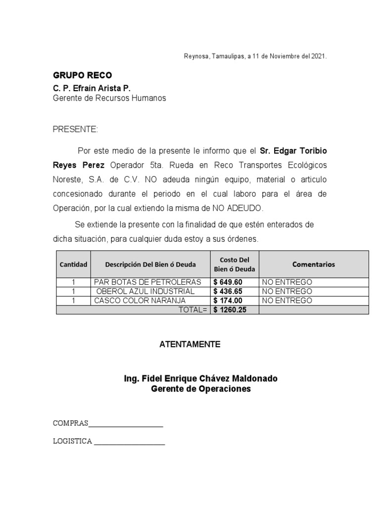 Carta de No Adeudo Edgar Toribio | PDF