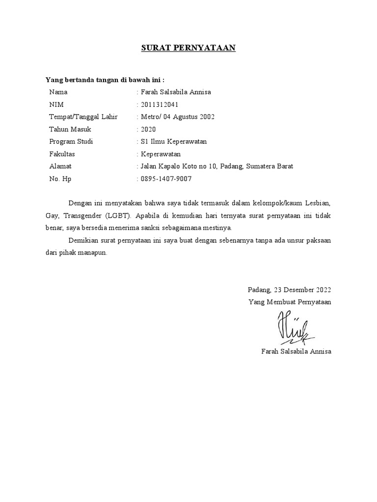 Surat Pernyataan Bebas LGBT | PDF