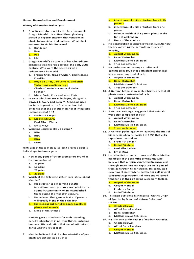 Historyof Genetics Quiz | PDF | Genetics | Heredity