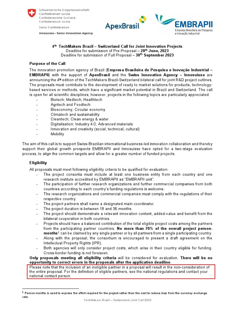 2023 Bilateral BR-CH - Call Guidelines-4 | PDF | Innovation | Evaluation