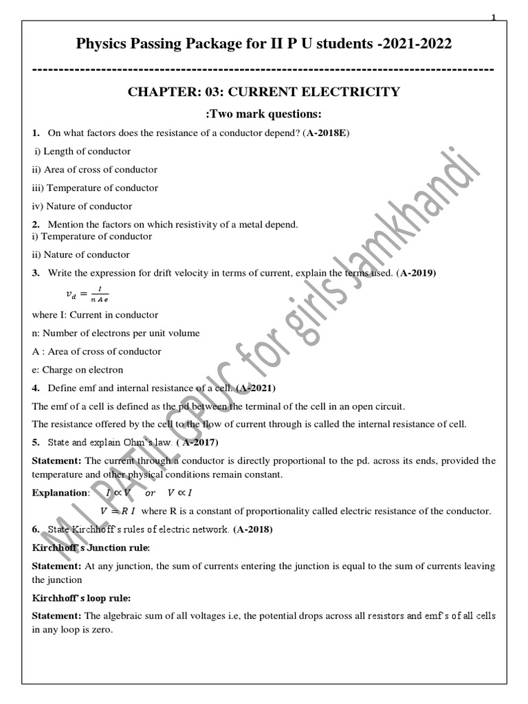 II PU Physics Passing Package 21-22 | PDF | Rectifier | Electrical Resistivity And Conductivity