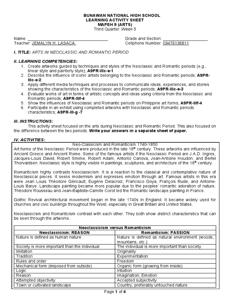 LAS MAPEH 9 Q3 W5 Arts | PDF | Romanticism | Landscape