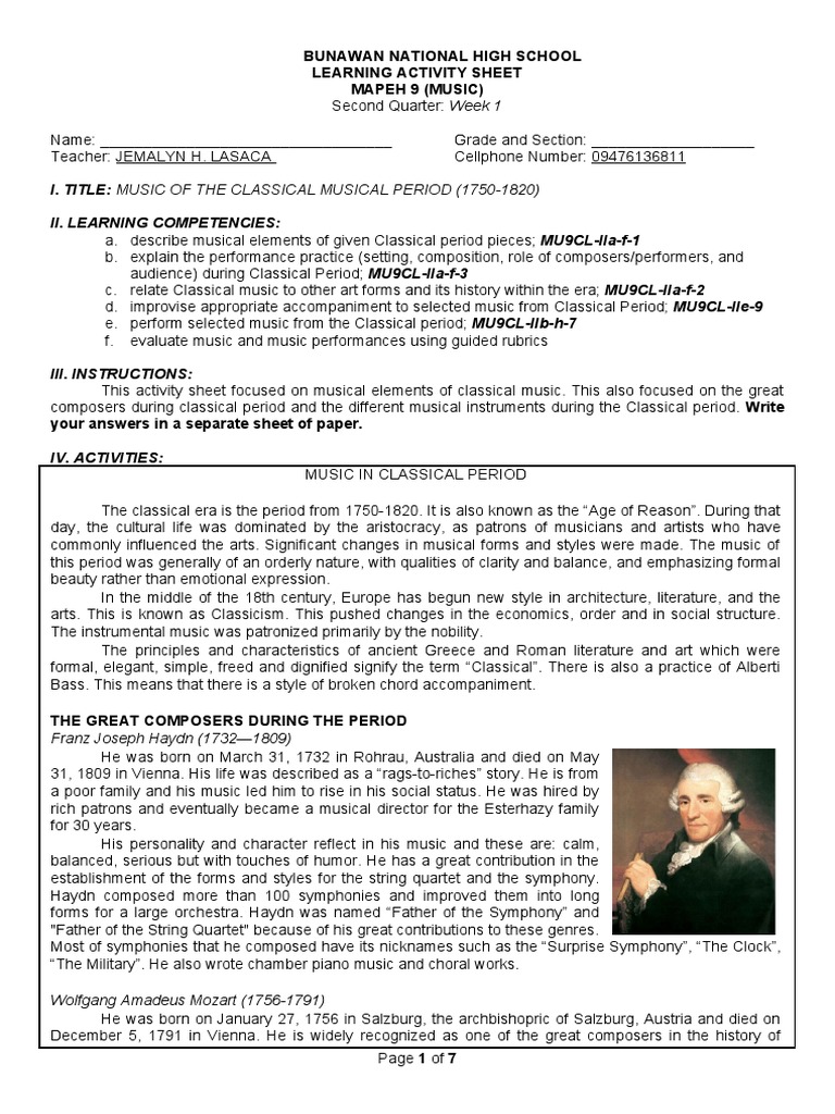 LAS MAPEH 9 Q2 W1 Music | PDF | Classical Period (Music) | Concerto