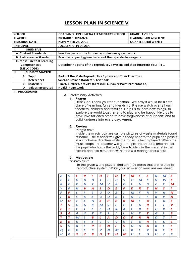 COT Lesson Plan in Science 5 | PDF | Reproductive System | Testicle