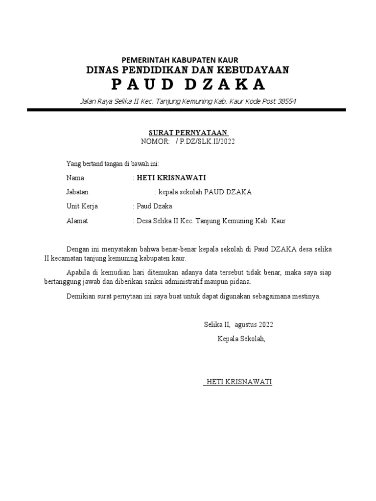 Surat Pernyataan Guru Paud Dzaka 22 | PDF