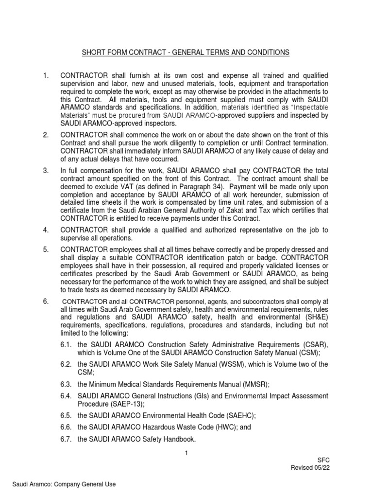 Aramco Short Form Contract Terms | PDF | Value Added Tax | Taxes