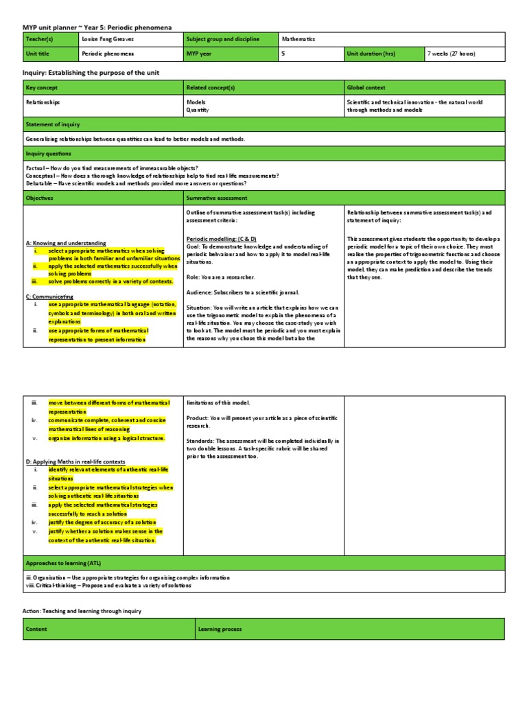 Year 5 MYP Unit on Periodic Phenomena | PDF | Trigonometric Functions ...