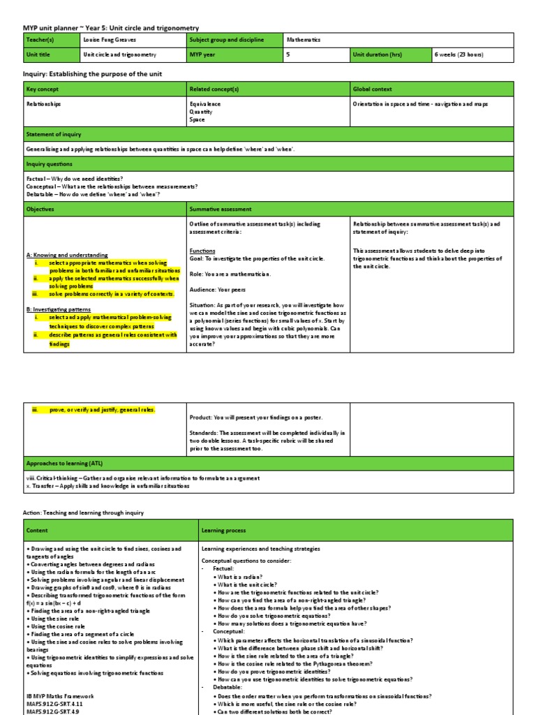 G10 Unit 2 Ext - STD Unit Circle and Trig Unit Planner | PDF | Trigonometric Functions ...