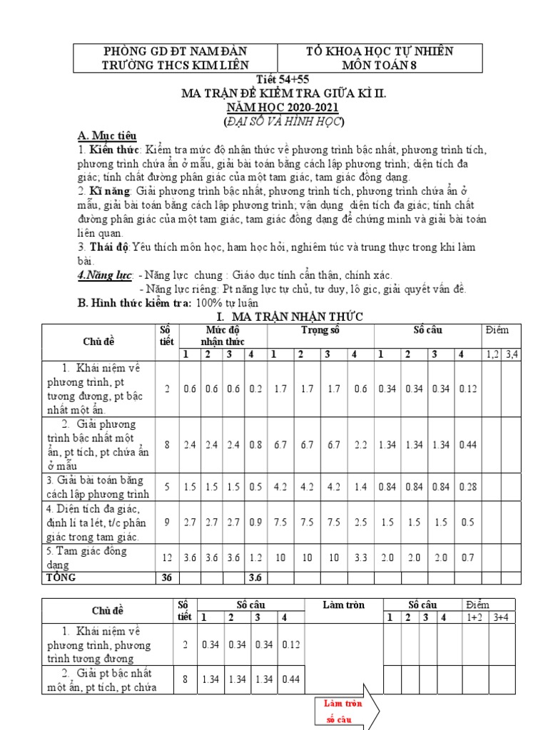De Thi Giua Hoc Ky 2 Toan 8 Nam 2020 2021 Truong Thcs Kim Lien Nghe An | PDF