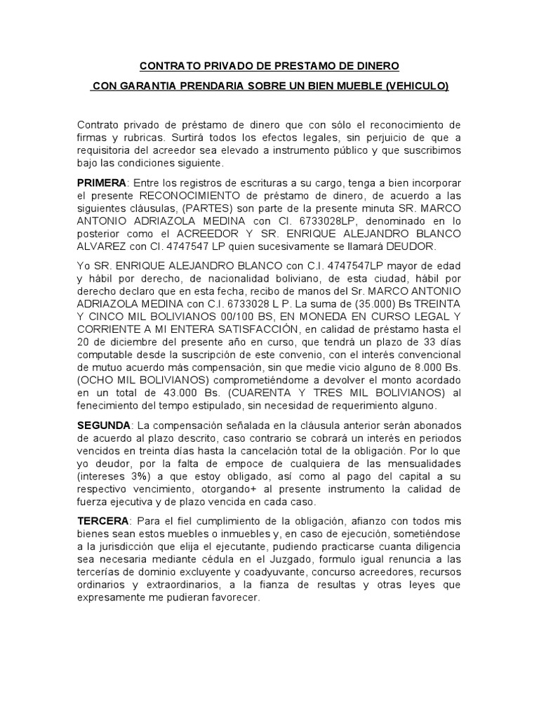 Contrato Privado de Prestamo de Dinero | PDF