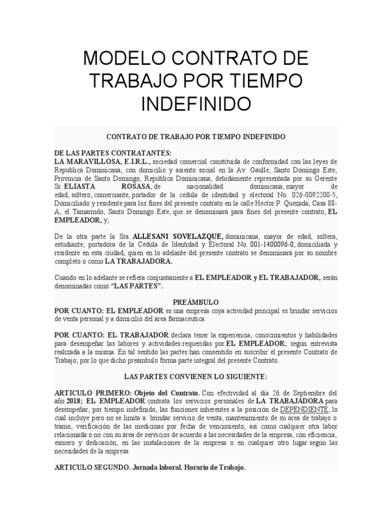 Modelo Contrato de Trabajo Por Tiempo Indefinido | PDF | Salario | Tiempo de trabajo