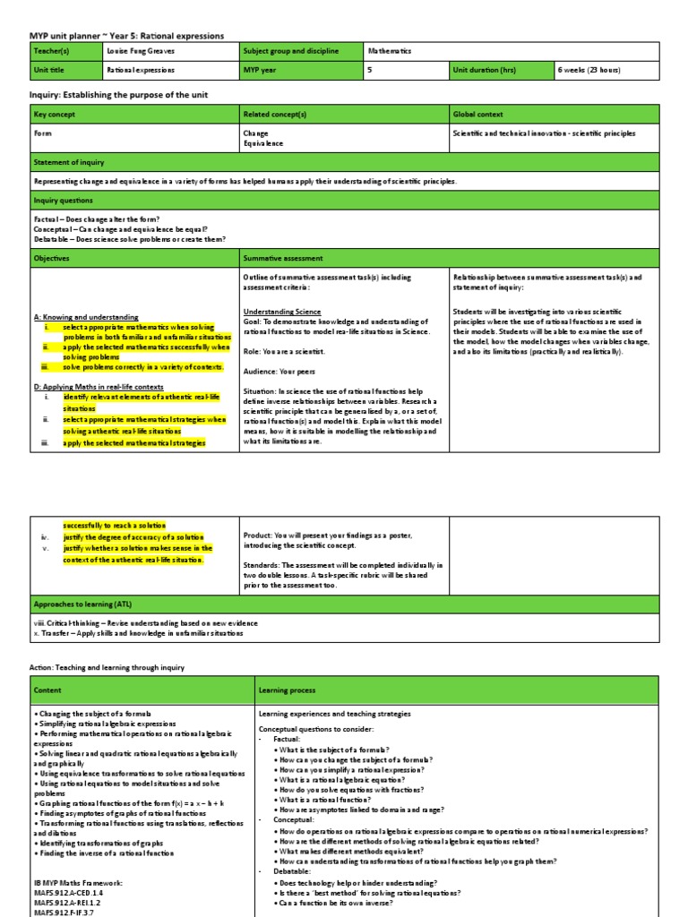 G10 Unit 3 Ext - STD Rational Expressions Unit Planner | PDF | Mathematics | Equations