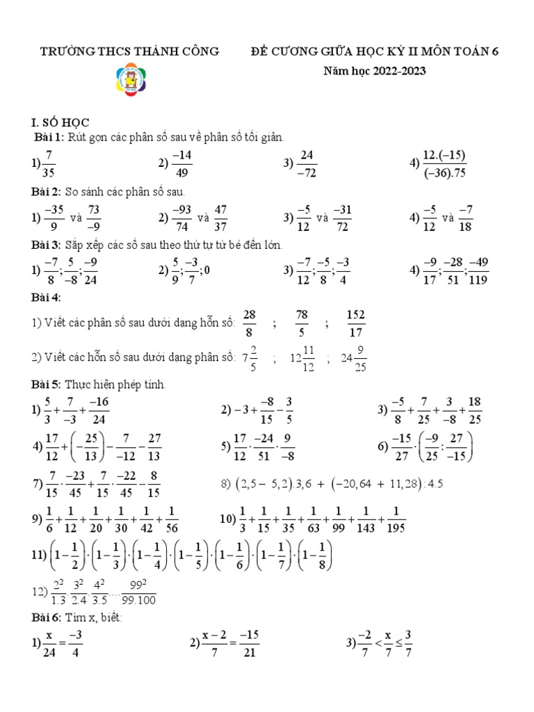 De Cuong Giua Ky 2 Toan 6 Nam 2022 2023 Truong Thcs Thanh Cong Ha Noi | PDF